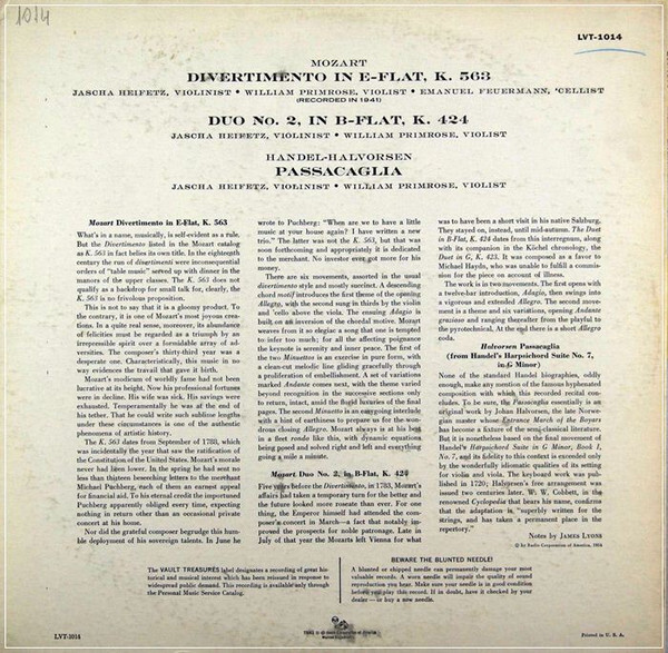 Jascha Heifetz / William Primrose / Emanuel Feuermann / Wolfgang ...